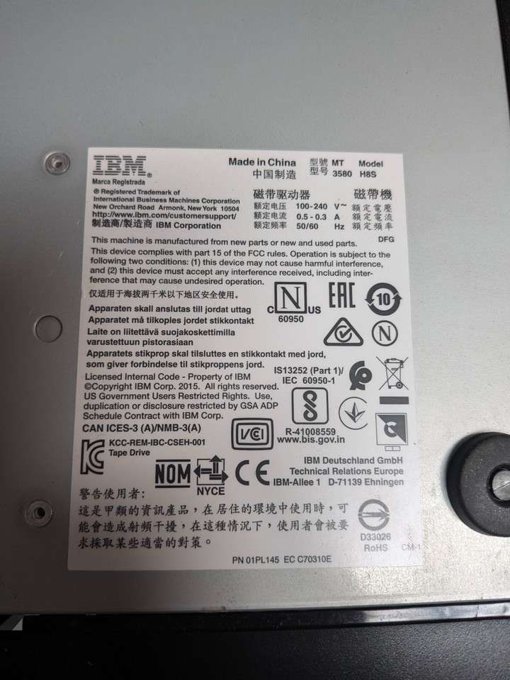 IBM 3580-H8S TS2280 External SAS Tape Drive FRU PN: 01PL152 (ENCLOSURE ...