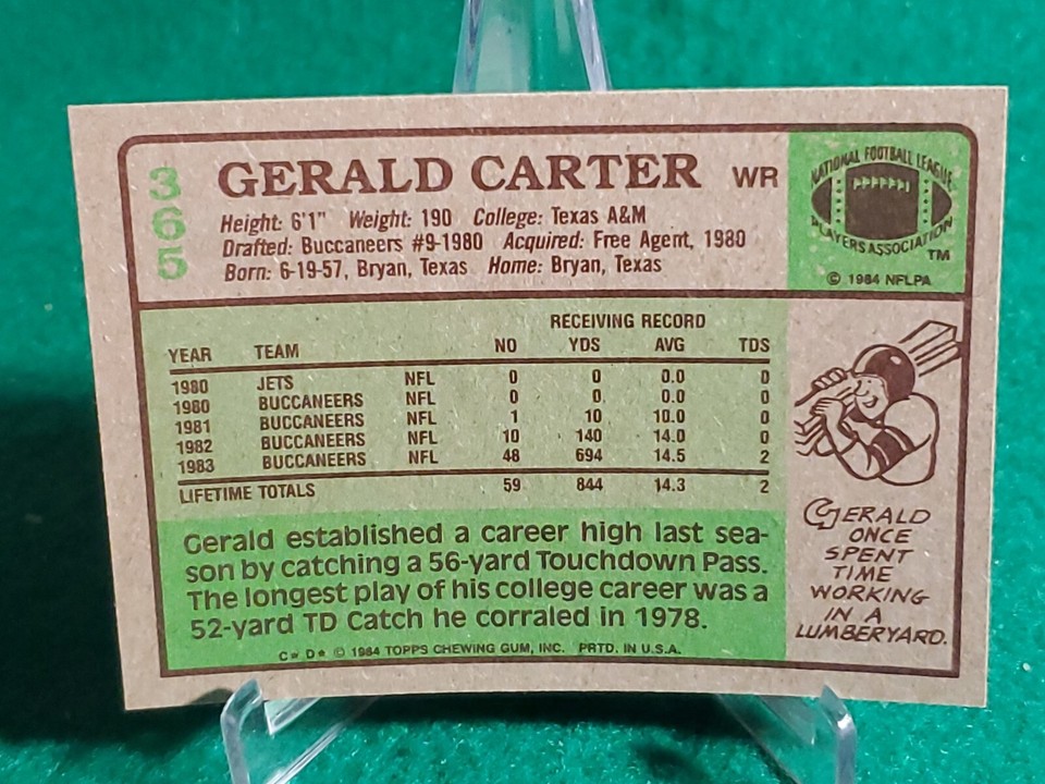 1984 Topps Gerald Carter #365 Tampa Bay Buccaneers Texas A&M NFL WR | eBay