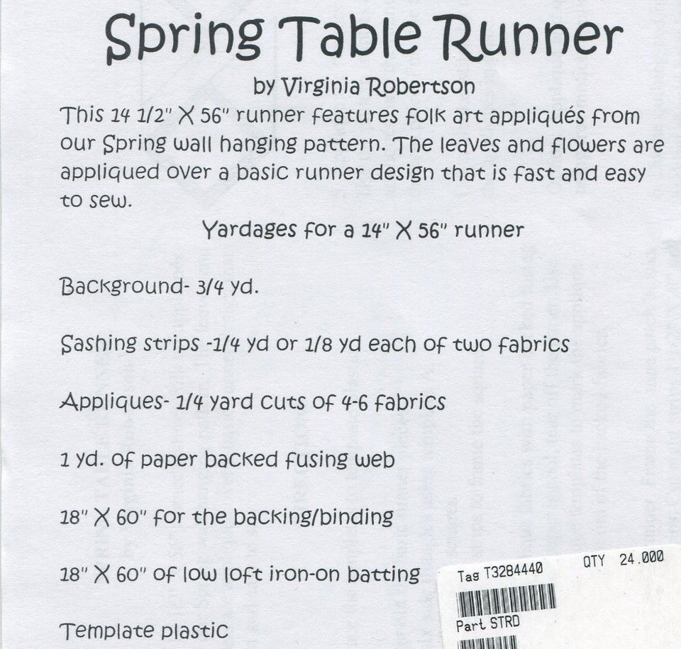 Spring Table Runner ~ Quilt Quilting Pattern ~ by Virginia Robertson | eBay