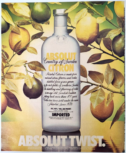 Absolut Citron Twist Vodka Vintage Ad 1989 Alcohol Bottle Magazine ...