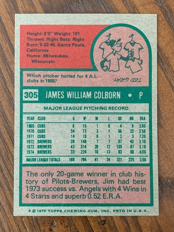 JIM COLBORN 1975 Topps Baseball Card #305 – MILWAUKEE BREWERS | eBay
