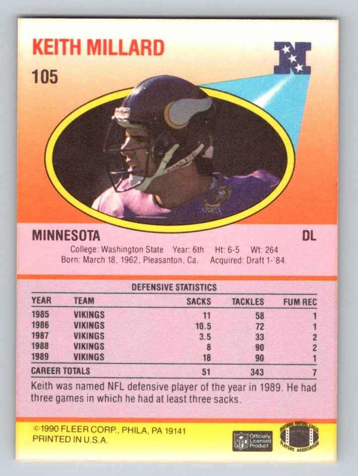 1990 Fleer #105 Keith Millard Minnesota Vikings Football Card | eBay