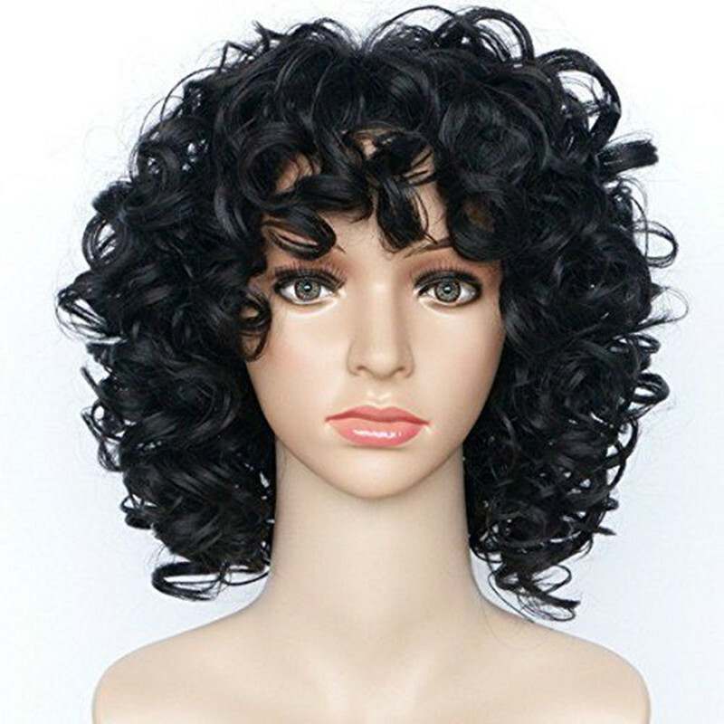 Short Curly Wigs for Black Women 14'' Black Big Curly Wig with Bangs ...
