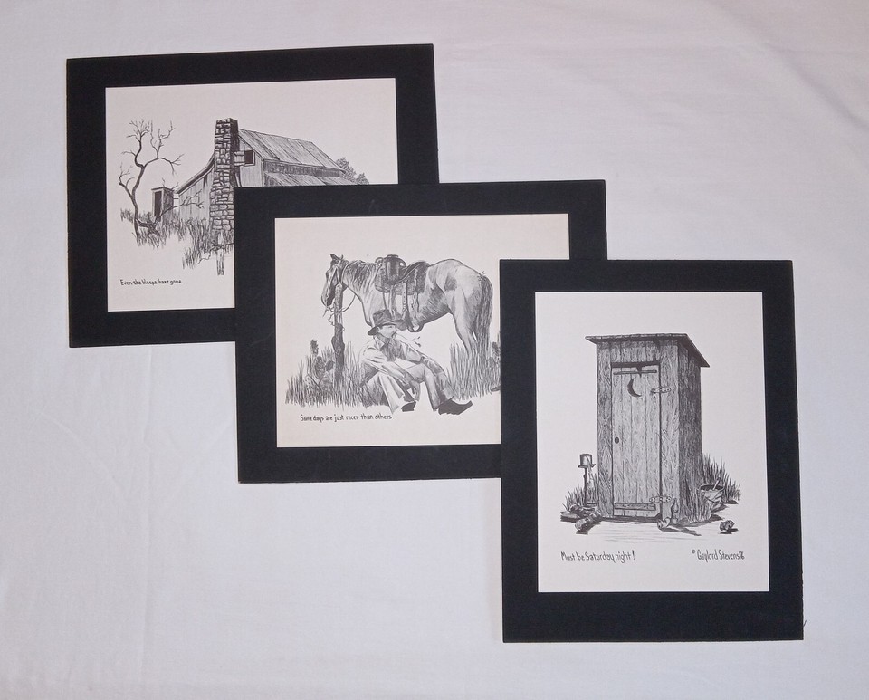 Gaylord Stevens Artwork Drawings Western Cowboy Rustic Vintage SET OF 3 ...