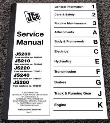 JCB JS260 Crawler Excavator Shop Service Repair Manual S/N 708501-Up | eBay