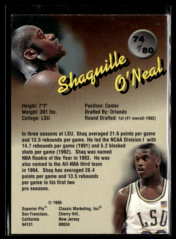 1995 Classic Superior Pix 74 Shaquille O'Neal LSU Tigers | eBay