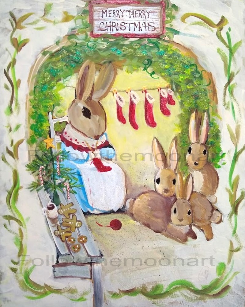 Merry Christmas Bunny Rabbit Family Christmas Holiday Wall Art Print | eBay