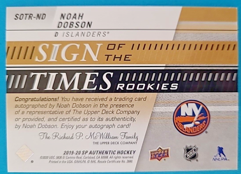 2019-20 Noah Dobson SP Authentic Sign of the Times Rookies Autograph RC ...