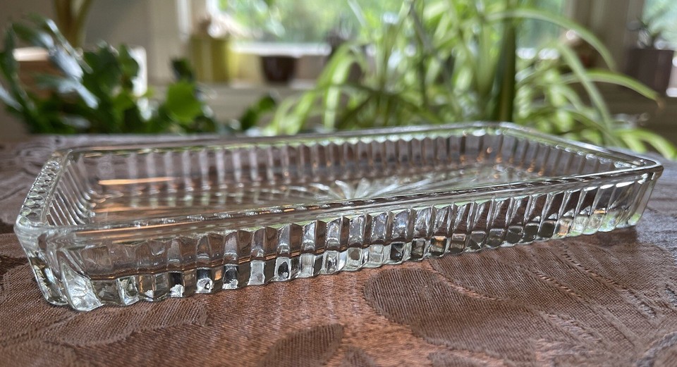 Vintage Pressed Glass Rectangular Relish Tray Butter Dish Starburst ...