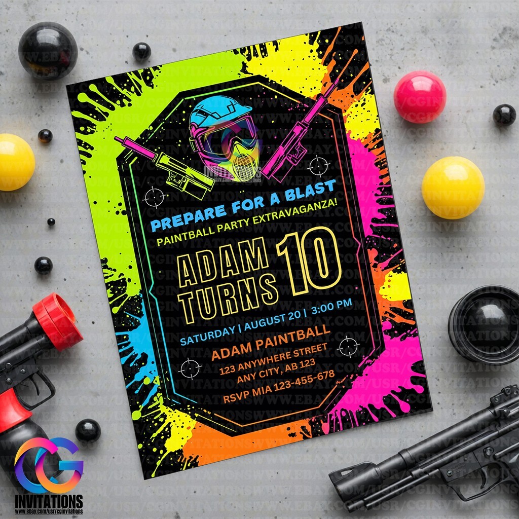 EDITIABLE Paintball birthday Party celebration Invitation, Prepare for ...