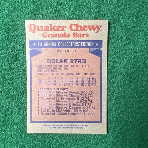 1986 Topps Quaker Chewy Granola Bars - #12 Nolan Ryan | eBay