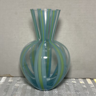 FTD Florist Glass Vase Striped Blue & Green Glass Vase Round Belly 6.50 ...