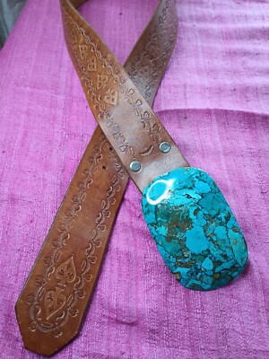 1970s Turquoise Slab Belt Buckle Tooled Leather Belt W/Playing Card ...