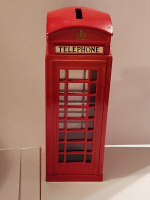 Die cast red paint metal British Telephone Box 7" tall bank | eBay