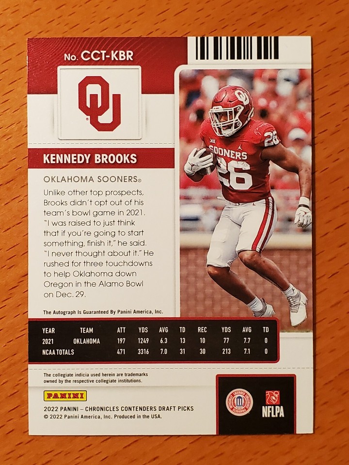 2022 Chronicles Draft Contenders Auto Kennedy Brooks Oklahoma Rookie RB | eBay