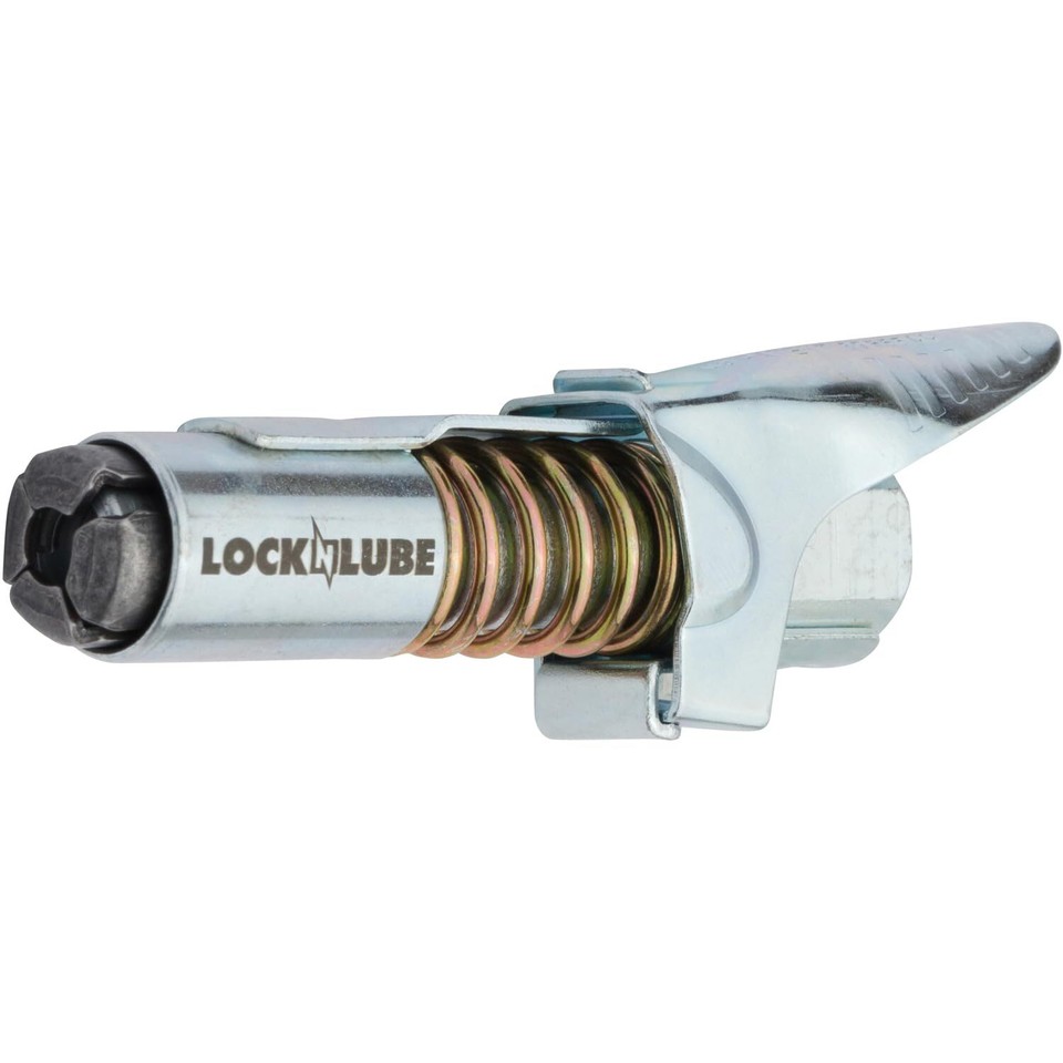LockNLube Grease Gun Coupler locks onto Zerk fittings. Grease goes in ...