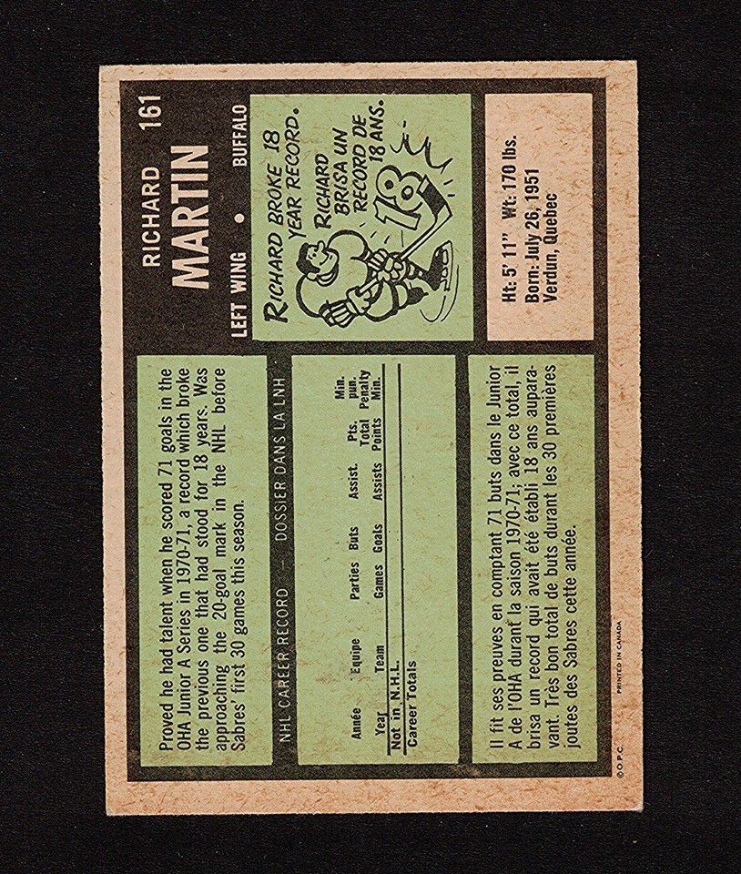 1971-72 RICHARD MARTIN #161 ROOKIE EX OPC * Sabres HIGH Scoring Star ...