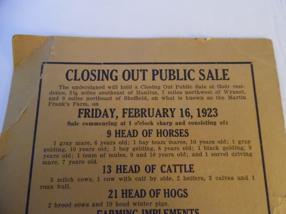 Antique 1923 Public Auction Small Poster: Horses/Cattle/Hogs/Farming ...