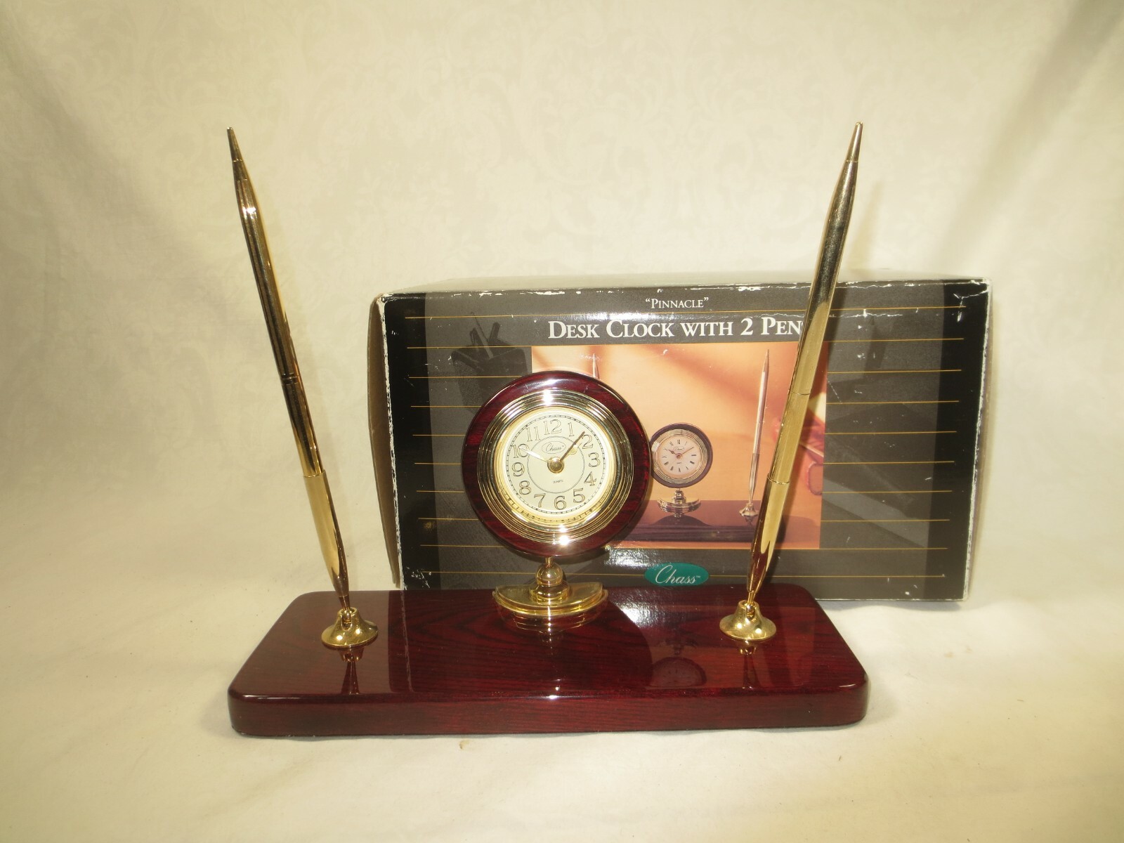 Unused swivel Quartz Chass Clock on Mahogany Wood w Gold-tone 2 Pen Set ...