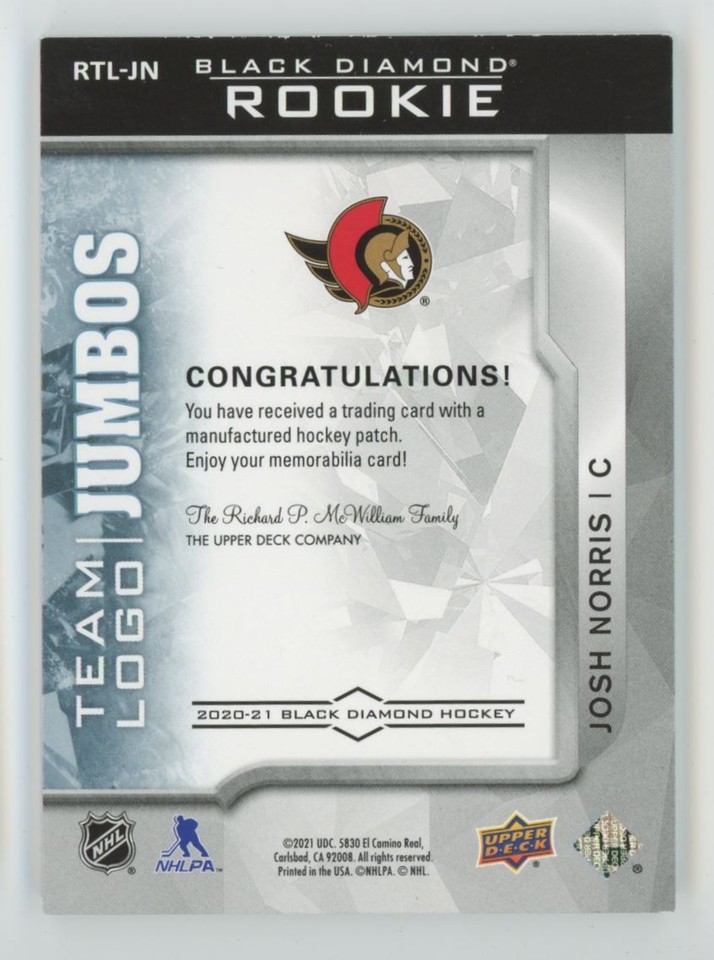 2020-21 UD Black Diamond Rookie Team Logo Patches Josh Norris RC #RTL ...