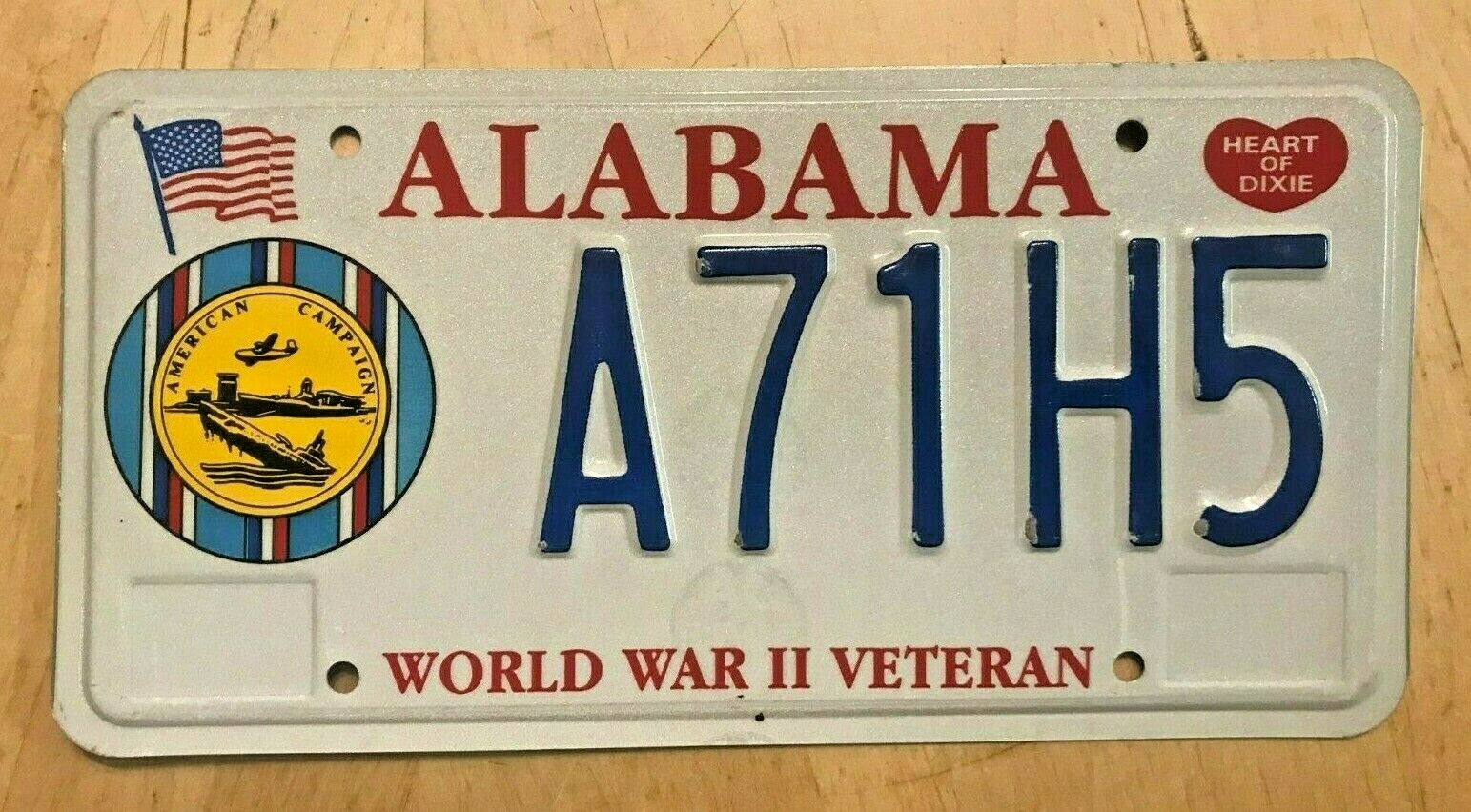 ALABAMA WORLD WAR II MILITARY VETERAN LICENSE PLATE " A 71 H5 " AL ARMY ...