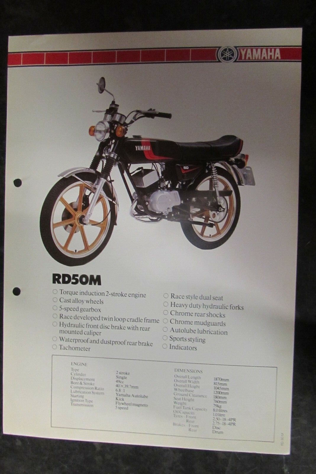 YAMAHA RD50M TRADER SPECIFICATION SHEET BROCHURE | eBay