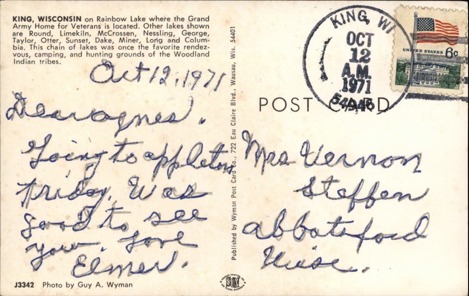 King Wisconsin Rainbow Lake Waupaca Chain Lakes aerial mailed 1971 ...