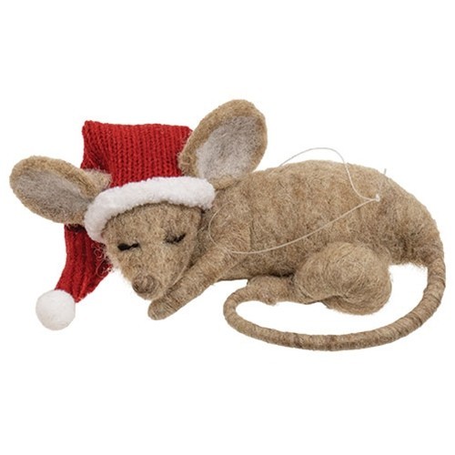 NEW Primitive SLEEPING MOUSE CHRISTMAS SANTA HAT ORNAMENT Felted 2"Tx5 ...