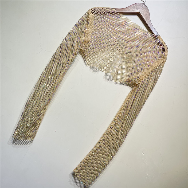 Women Long Sleeve Sheer Mesh Crop Top Glitter Rhinestone Fishnet Cover ...