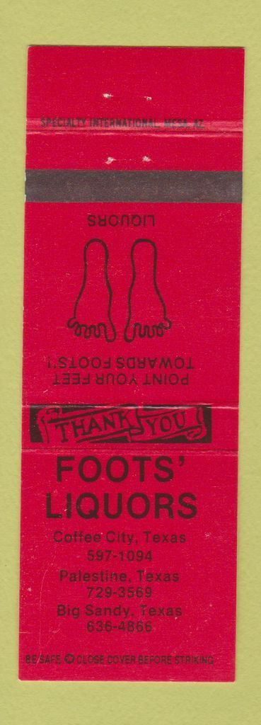 Matchbook Cover - Foots' Liquors Coffee City TX Palestine Big Sandy | eBay