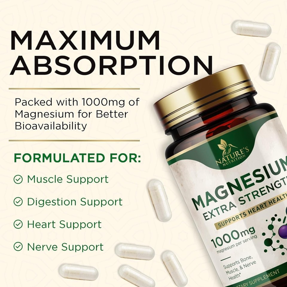 Magnesium Pills Extra Strength 1000mg - Bone, Muscle, Heart Support ...