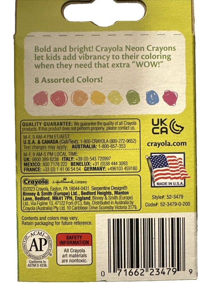 Crayola Neon Crayons, 8 Ct, Non-washable Wax Crayons, Intense ...