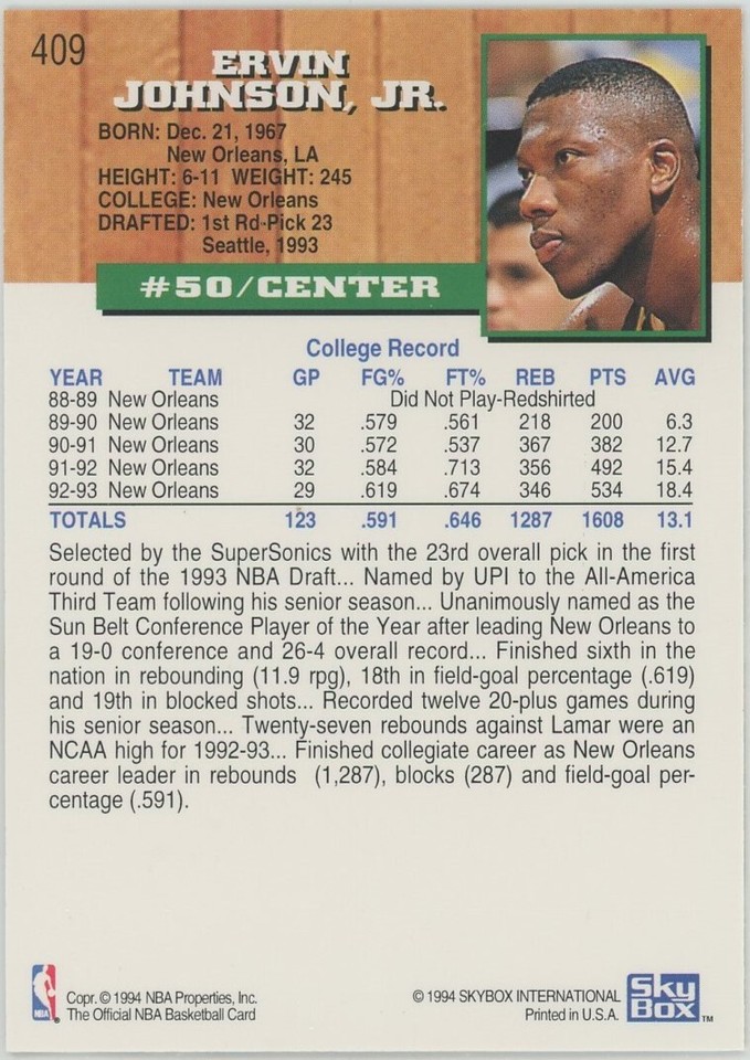 1993-94 Skybox NBA Hoops Ervin Johnson Rookie Seattle SuperSonics RC ...