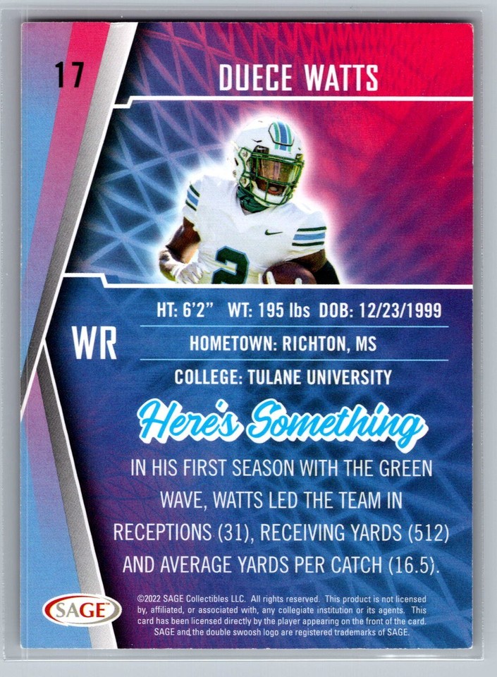 2022 SAGE HIT Football #17 Duece Watts RC Tulane Green Wave | eBay
