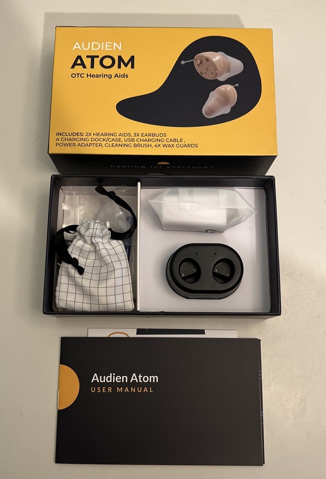 AUDIEN ATOM Rechargeable OTC Hearing Aid/ Amplifier & Charger New Open ...