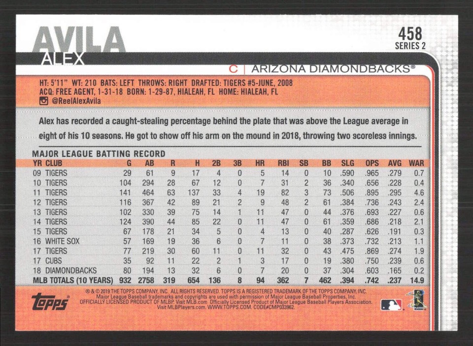 2019 Topps Series 2 Base Alex Avila #458 Arizona Diamondbacks | eBay