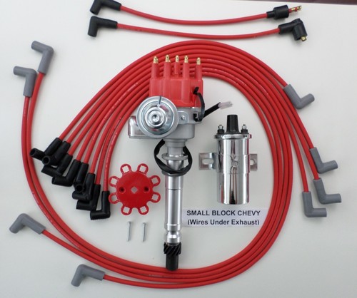 RED SMALL BLOCK CHEVY Small HEI Distributor+Chrome Coil+PLUG WIRES ...