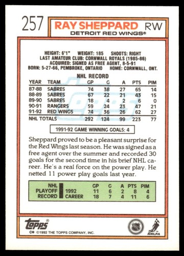 1992-93 Topps Ray Sheppard Detroit Red Wings #257 | eBay