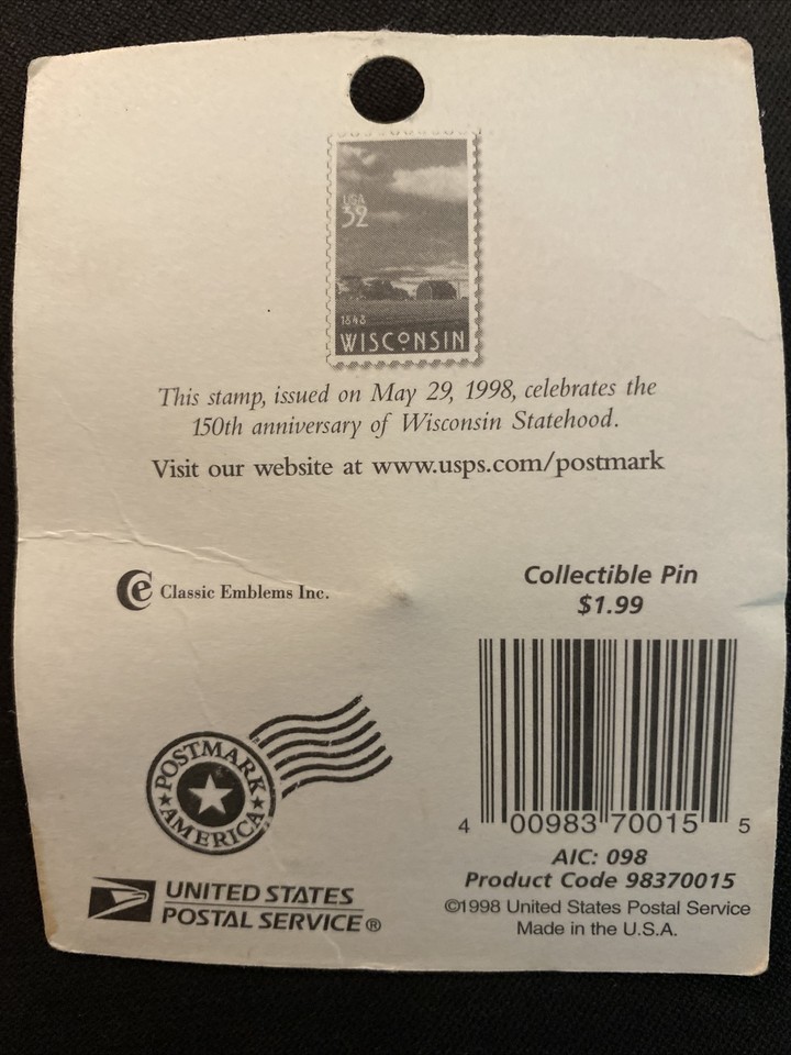 Wisconsin 1848 Statehood Stamp Collectible Souvenir Lapel Hat Pin ...