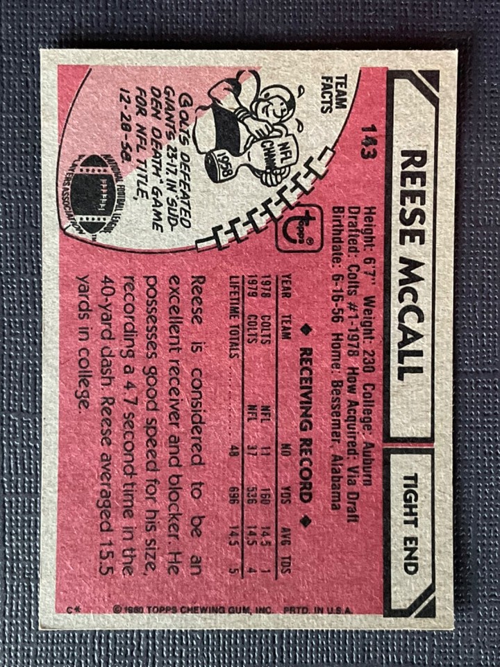Reese McCall 1980 Topps Rookie Football Card #143 - Baltimore Colts NM ...