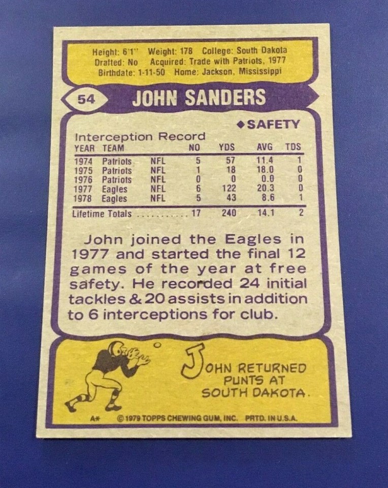1979 Topps # 54 JOHN SANDERS Philadelphia Eagles South Dakota 1973 ...