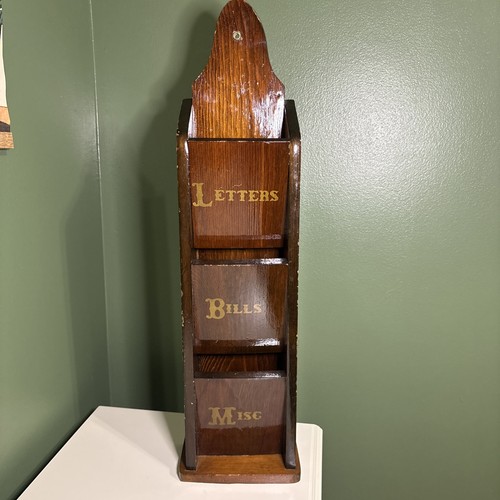 Vintage MCM 3 Tier Wood Wall Mount Mail Sorter Letters Bills Organizer ...