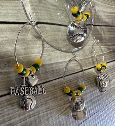 Baseball Wine Charms, Four Wine Charms, Green Yellow Baseball Wine ...