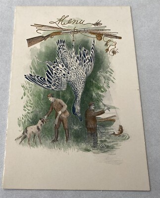 1900 era Hunting & Fishing Club embossed menu Duck Hunting dog Fly ...
