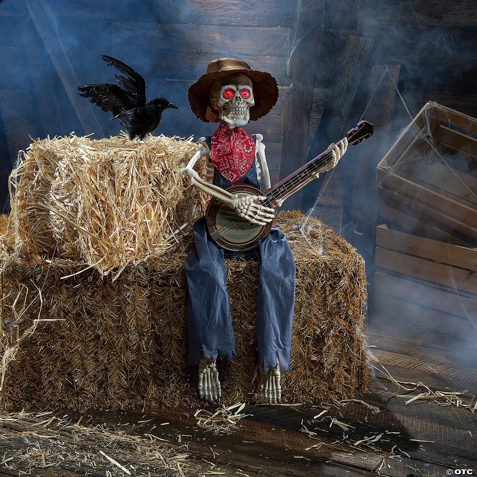 39" Skeleton Playing Banjo Talking Animated Halloween Decor Haunt Prop ...