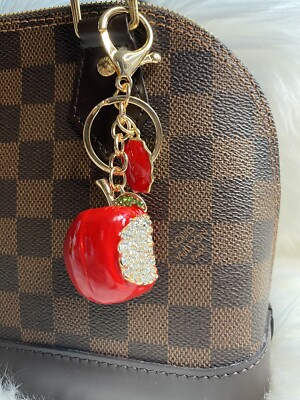 apple red Bag Charm Keychain Tassel Gold Crystal Purse Charm ...