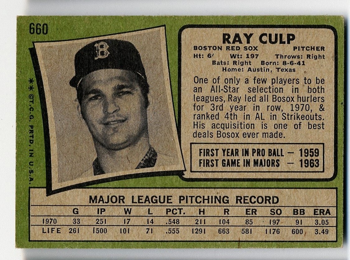 1971 TOPPS BOSTON RED SOX RAY CULP #660 AUTOGRAPH | eBay