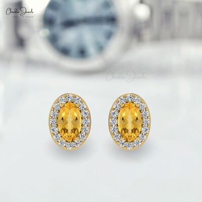 November Birthstone 3/4CTW Citrine Earring 14k Solid Gold Diamond Halo ...
