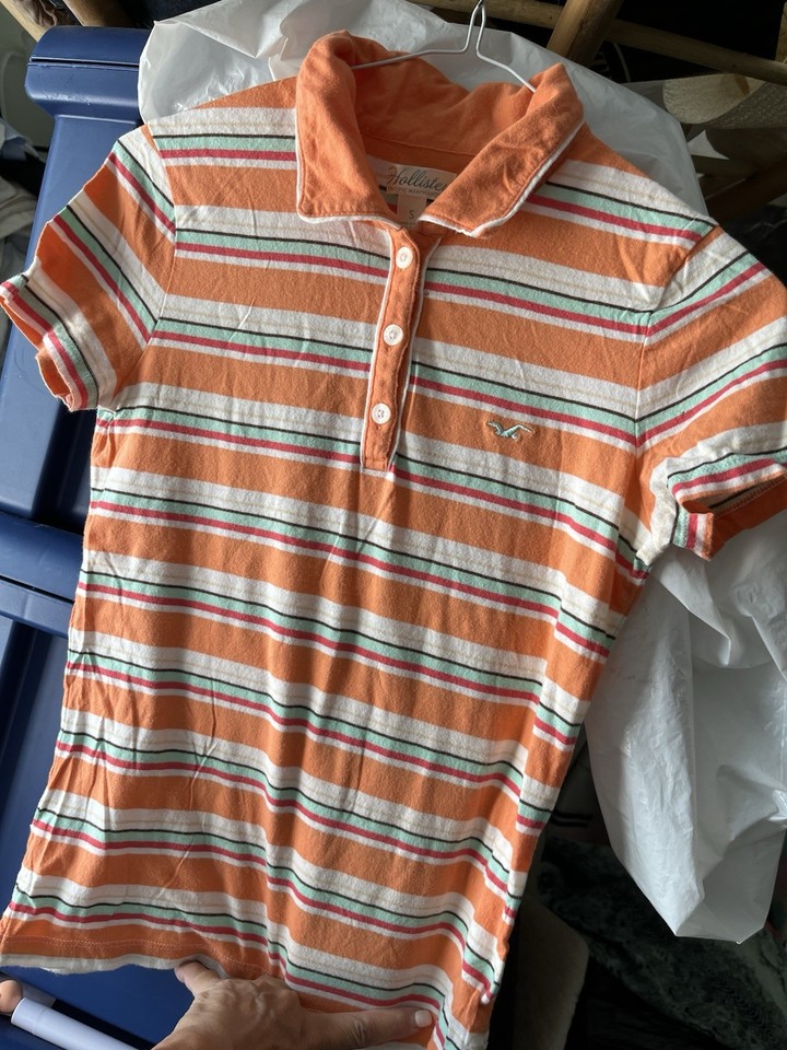 HOLLISTER SEAGULL LOGO ORANGE&MULTI COLOR STRIPES COTTON PREPPY POLO ...