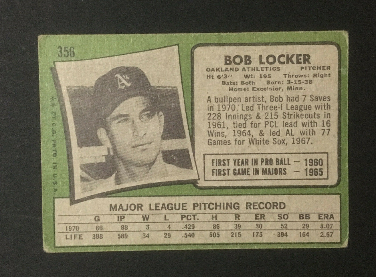 Bob Locker A's Athletics signed 1971 Topps baseball card #356 Auto ...